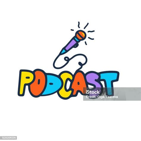 팟 캐스트 다채로운 비문 마이크와 재미 만화 낙서 문자 제목 공연에 대한 스톡 벡터 아트 및 기타 이미지 공연 광고