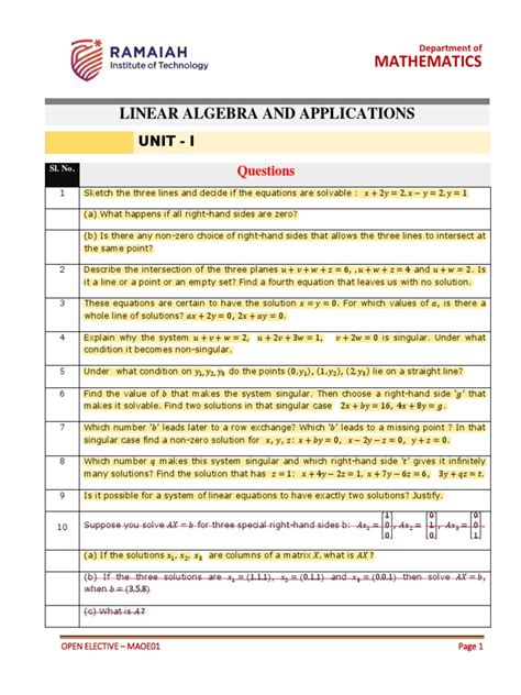 Linear Algebra Questionbank 2020 Open Elective Pdf
