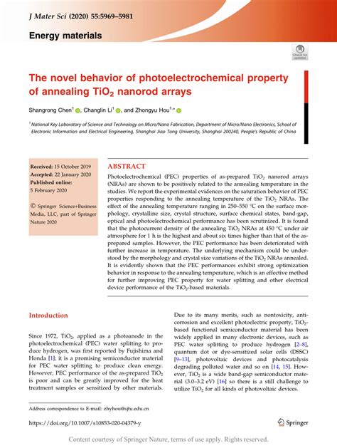The Novel Behavior Of Photoelectrochemical Property Of Annealing Tio2 Nanorod Arrays Request Pdf