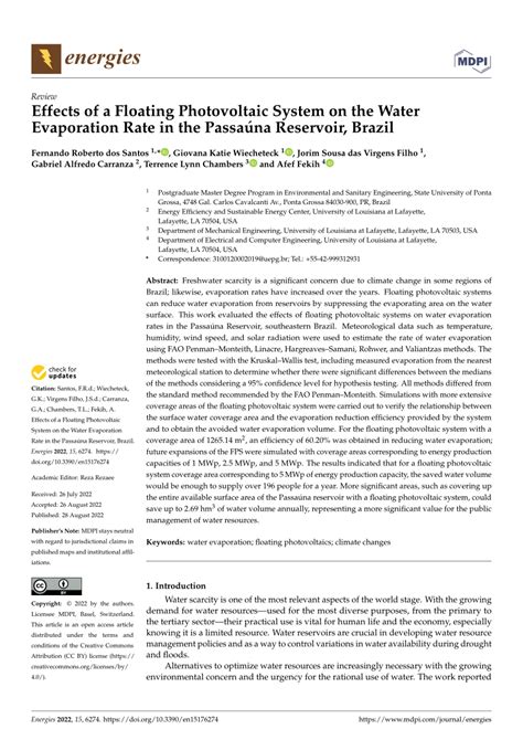 Pdf Effects Of A Floating Photovoltaic System On The Water Evaporation Rate In The Passaúna