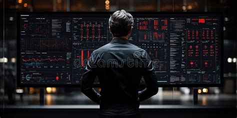 Individual Analyzes Data Visualizations On A Large Screen In A Modern Workspace During Evening