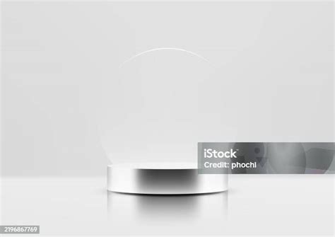 제품 전시와 진열장을 위한 미묘한 원형 배경이 있는 회색 표면에 3d 은 원통형 연단 3차원 형태에 대한 스톡 벡터 아트 및
