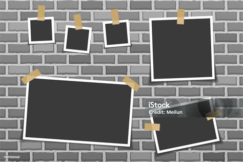 빈 사진 사진 프레임 메모리 앨범 테이프 카드 원시 벽돌 벽 벡터 일러스트 0명에 대한 스톡 벡터 아트 및 기타 이미지 0명 개체 그룹 검은색 Istock