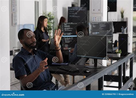 software developer checking source code using ar hologram stock image