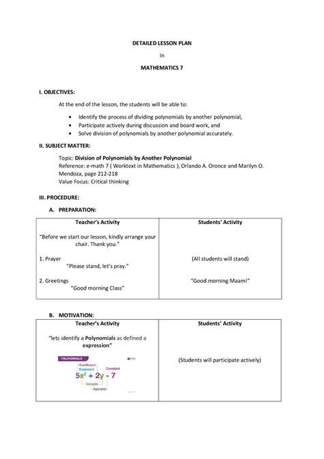 Dividing Polynomial By Another Polynomial Lecture Notes Mathematics