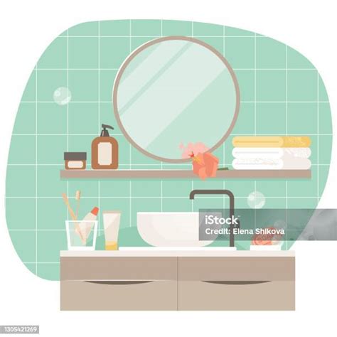 욕실 인테리어 디자인 현대 싱크 대 거울과 목욕 수건 평면 벡터 일러스트 빈 목욕탕 0명에 대한 스톡 벡터 아트 및 기타 이미지 0명 가정의 방 개성 개념 Istock