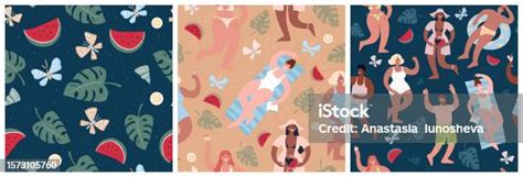 여름 해변 또는 수영장 파티 수영복을 입은 다양한 사람들이 즐겁습니다 모든 디자인을 위한 이음매 없는 패턴 세트 귀여운 플랫 벡터 현대 삽화 직물 포장지 그리고 벽지 개체