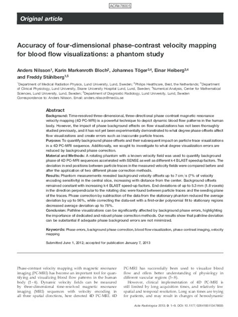 Pdf Accuracy Of Four Dimensional Phase Contrast Velocity Mapping For