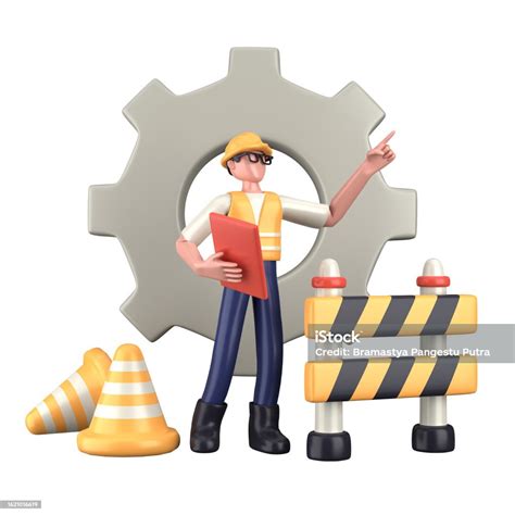 기어 휠과 교통 콘이 있는 엔지니어의 3d 그림 노동절 격리된 흰색 배경입니다 3차원 형태에 대한 스톡 사진 및 기타 이미지 3차원 형태 안전 헬멧 Istock