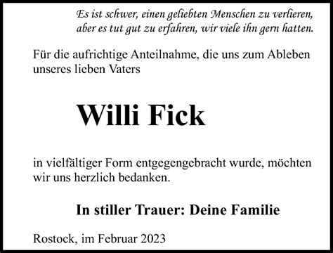 Traueranzeigen Von Willi Fick Trauer Anzeigende