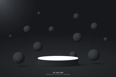 추상적인 흰색 검은색 3d 실린더 연단 받침대 또는 공중에서 공이 떠다니거나 위아래로 튀는 쇼 제품을 위한 무대 쇼케이스를 위한 라운드 3d 무대 장면 벡터 기하학적 플랫폼