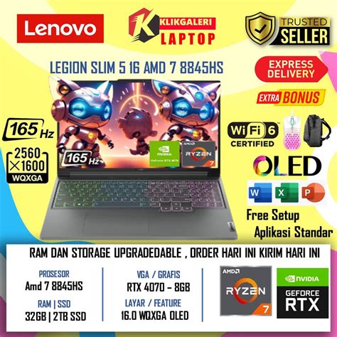 Jual Laptop Gaming Lenovo Legion SLIM 5 16 AMD RYZEN 7 8845HS RTX4070 8GB 64GB 1TB SSD WQXGA