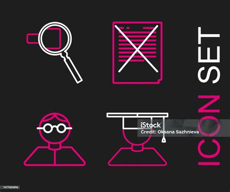 세트 라인 대학원 및 졸업 모자 학생 오답 설문 조사 및 돋보기 아이콘이 있는 시험지 벡터 검사 보기에 대한 스톡 벡터 아트 및 기타 이미지 Istock
