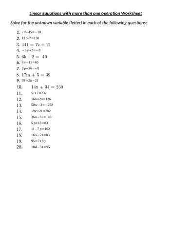 Linear Equations With More Than One Operation Teaching Resources