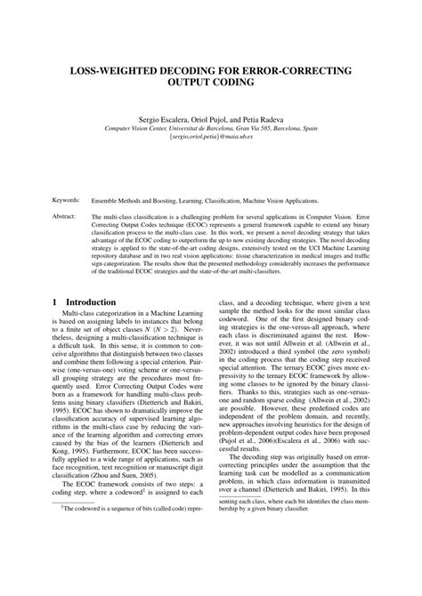 Pdf Loss Weighted Decoding For Error Correcting Output Coding