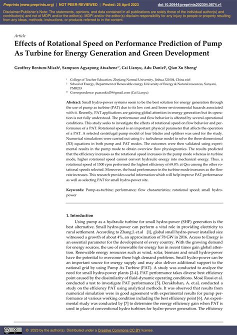 Pdf Effects Of Rotational Speed On Performance Prediction Of Pump As Turbine For Energy