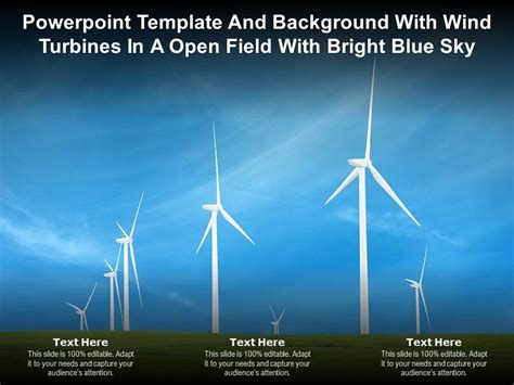 Powerpoint Template And Background With Wind Turbines In A Open Field With Bright Blue Sky