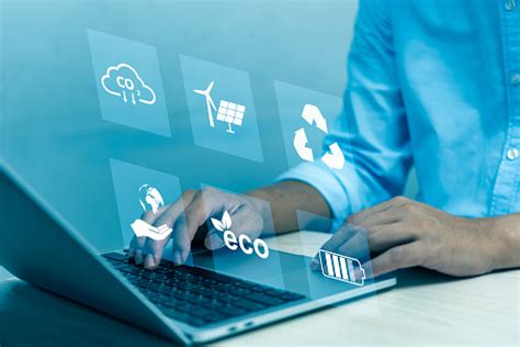 글로벌 재생 가능 비즈니스 생태학 Co2 에코 컴퓨터 가상 지구 에너지 기술 산업 기후 변화 지속 가능한 배출 탄소 전략을 가진 온난화 사업가 가상현실에 대한 스톡 사진 및