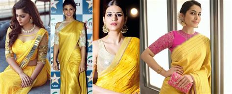 Styling A Plain Yellow Saree With Stunning Contrast Blouses