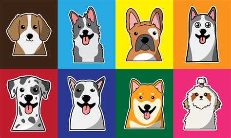 개 8 스타일 컬렉션 캐릭터 재미 개 미소 만화 강아지 콜리 개 황소 테리어 달마 시안 프랑스 불독 비글 Shih Tzu 시바 시베리아 허스키 강아지 개에 대한 스톡 벡터