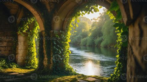 Viewing River Through Stone Arches With Ivy And Natural Light 66287960