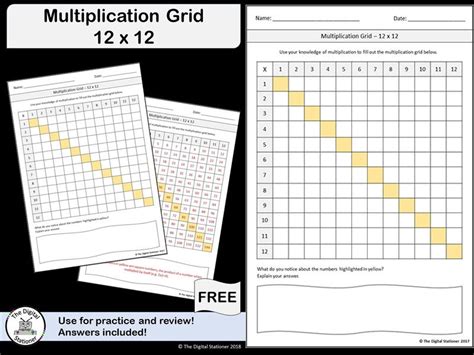 Multiplication Grid 12 X 12 Freebie With Answer Sheet Teaching Resources