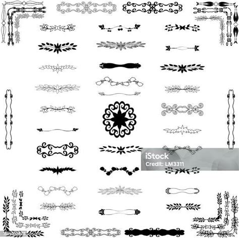 장식 빈티지 분할 테두리 소용돌이 나누기의 집합입니다 창조적 인 그래픽 예술적 요소 테두리와 모서리가 검은색으로 분리 되어 있습니다 벡터 일러스트 개체 그룹에 대한 스톡