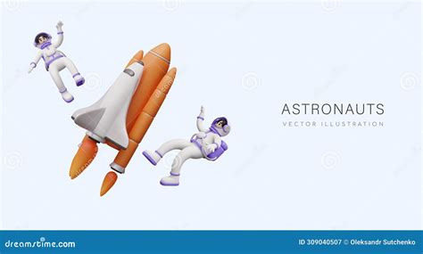 Astronauts Float In Zero Gravity Near Orange Space Shuttle Stock Vector