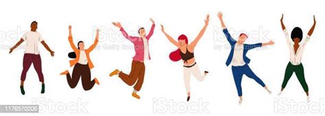 흰색 배경에 고립 된 행복한 점프 남자와 여자 벡터 만화 캐릭터 Championship에 대한 스톡 벡터 아트 및 기타 이미지 Championship 긍정적인 감정