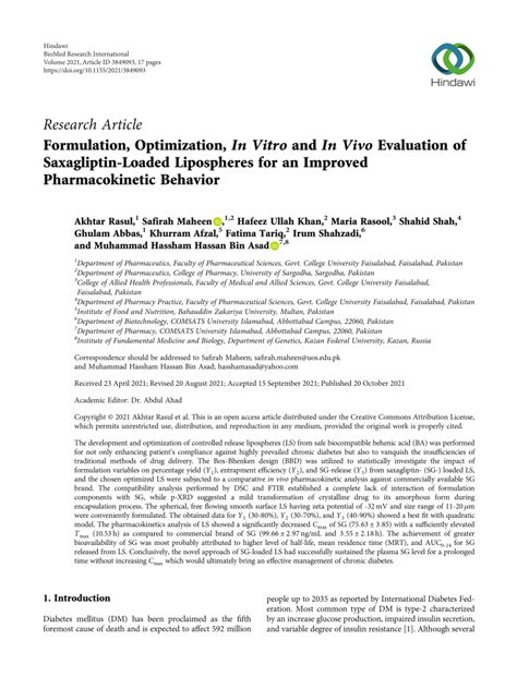 Pdf Formulation Optimization In Vitro And In Vivo Evaluation Of Saxagliptin Loaded