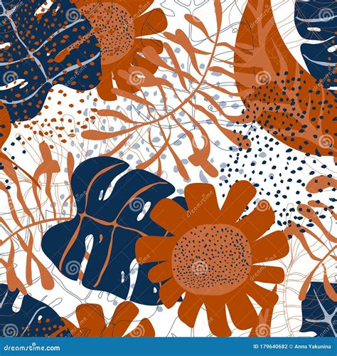 Exotic Abstract Flora And Shapes In Trendy Seamless Pattern For Wallpapers And Textile Prints In