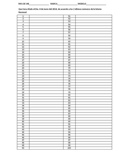 Formato Hoja De Rifa De 100 Numeros Para Imprimir Pdf
