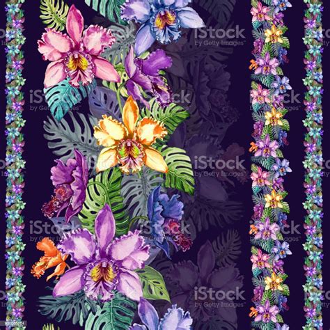 아름 다운 난초 꽃과 Monstera 어두운 보라색 바탕에 직선에서 나뭇잎 완벽 한 열 대 꽃 패턴입니다 수채화 그림입니다 손으로 그린 그림입니다 0명에 대한 스톡 벡터