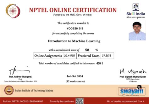 Yogesh Sivakumar On Linkedin Completed The Nptel Course On Introduction To Machine Learning