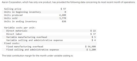 Solved The Total Contribution Margin For The Month Under