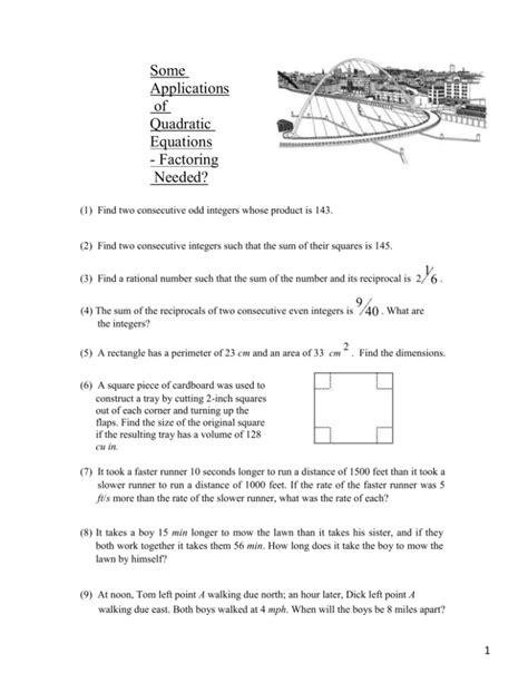 Quadratic Equations Word Problems Worksheet