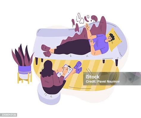 정신 치료 세션에서 남자와 심리 치료 소파에 누워 벡터 일러스트 레이 션 Mental Wellbeing에 대한 스톡 벡터 아트