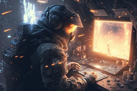 Robot Working With Computer Generative Ai Stock Illustration Illustration Of Working Dark