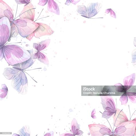 라일락 분홍색 및 파란색 나비와 페인트가 튀어 있습니다 수채화 그림입니다 고양이와 나비 컬렉션의 템플릿입니다 인쇄물 엽서 포스터의 디자인과 장식 나비에 대한 스톡 벡터 아트