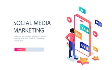 소셜 미디어 마케팅 포스터 메시지와 별이 있는 스마트폰 근처에 있는 남자 순위 및 등급 인터넷에서 콘텐츠를 홍보하는 행위 랜딩 웹페이지 디자인 아이소 메트릭 벡터 일러스트