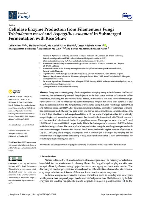 Pdf Cellulase Enzyme Production From Filamentous Fungi Trichoderma Reesei And Aspergillus