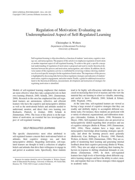 Regulation Of Motivation Evaluating An Underemphasized Aspect Of Self Regulated Learning Pdf