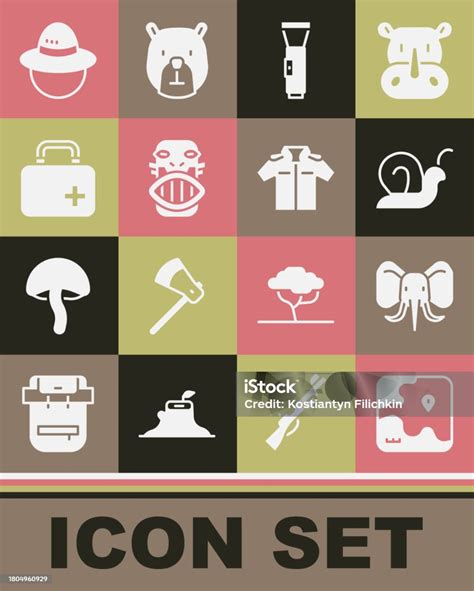 아프리카 사파리 지도 코끼리 달팽이 손전등 멕시코 마야 또는 아즈텍 마스크 구급 상자 캠핑 모자 및 셔츠 아이콘을 설정합니다