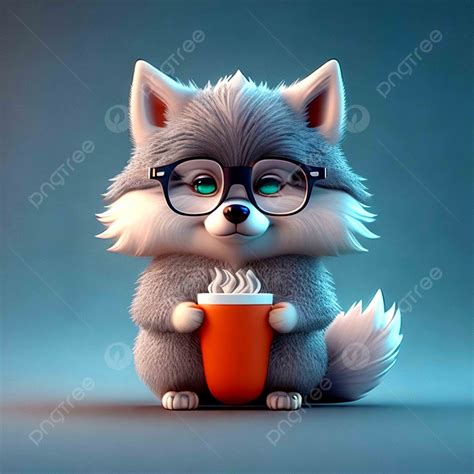 3d Cute Wolf Wearing Glasses And Carrying A Cup Of Warm Drink Background Cute Wolf Carrying A