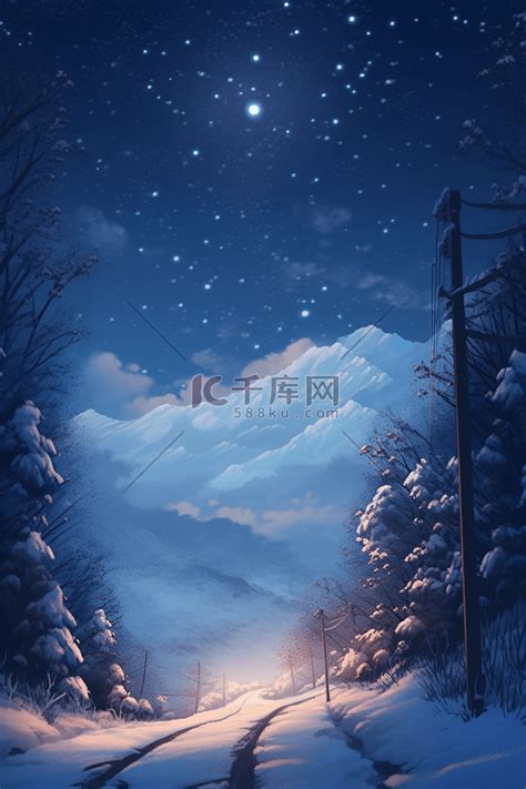 冬天唯美雪景夜晚手绘插画图片 千库网