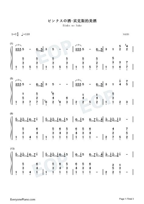 宾克斯的美酒 C调简单版 钢琴谱文件五线谱双手简谱数字谱MidiPDF免费下载