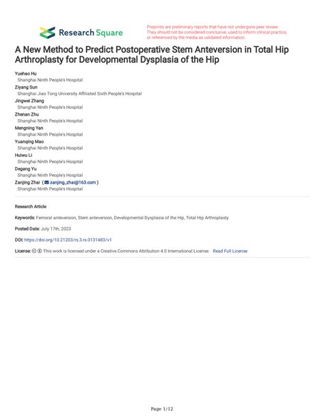 Pdf A New Method To Predict Postoperative Stem Anteversion In Total Hip Arthroplasty For