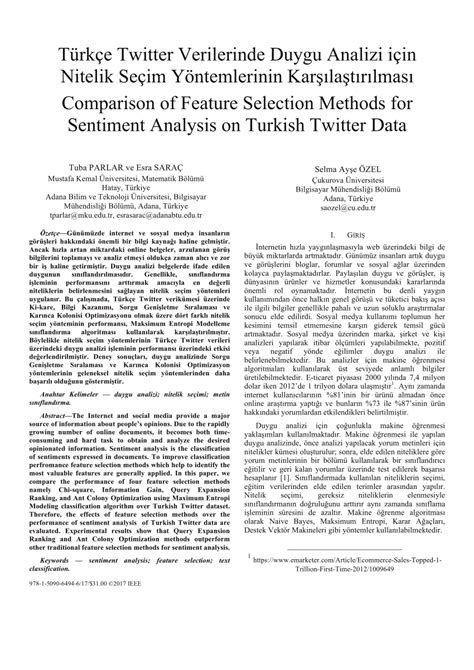 Pdf Comparison Of Feature Selection Methods For Sentiment Analysis On Turkish Twitter Data