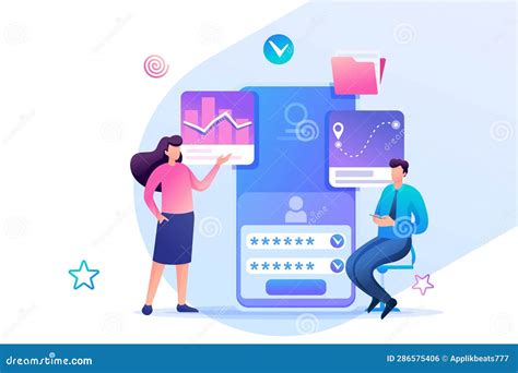 Young People Using Mobile Apps For Data Analysis Flat 2d Character