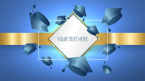 밝은 파란색 그라데이션 배경의 클래스입니다 교육 학술 모자 황금 리본과 흰색 프레임을 던져 졸업 디자인 고등학교 대학 연감에 대한 템플릿 벡터 일러스트레이션 공부에 대한